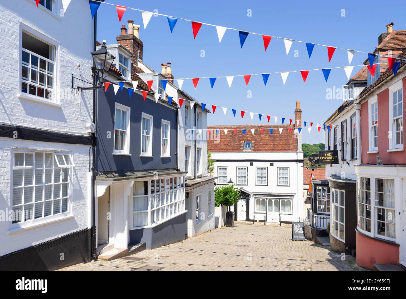 Lymington Hampshire - Lymington Quay hill a steep street with Bunting ...
