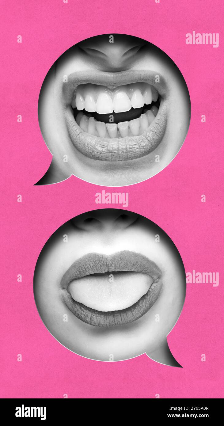 Contemporary art collage. Top speech bubble reveals teeth, shows tongue ...