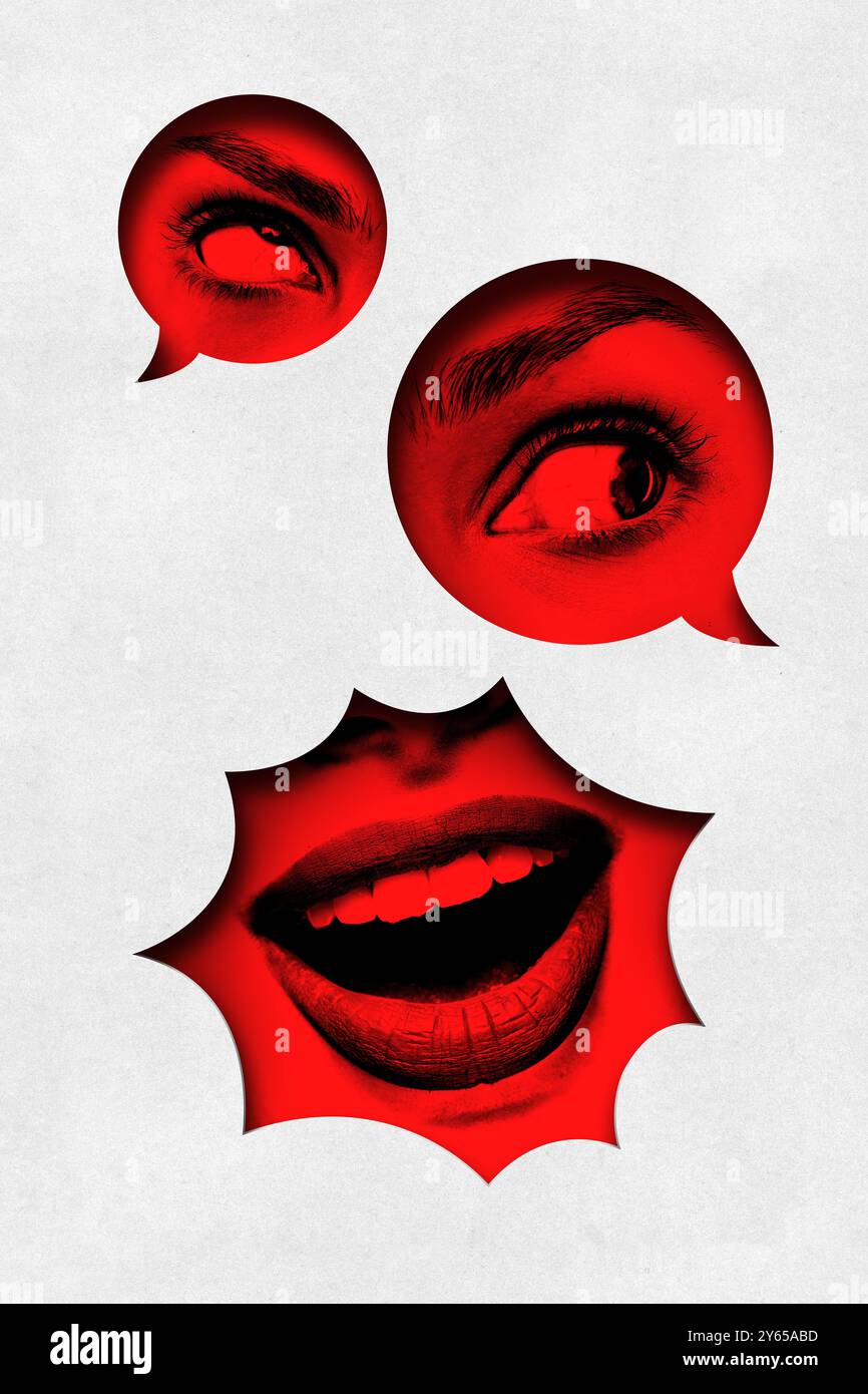 Contemporary art collage. Bold red bubbles featuring close-up eyes and ...
