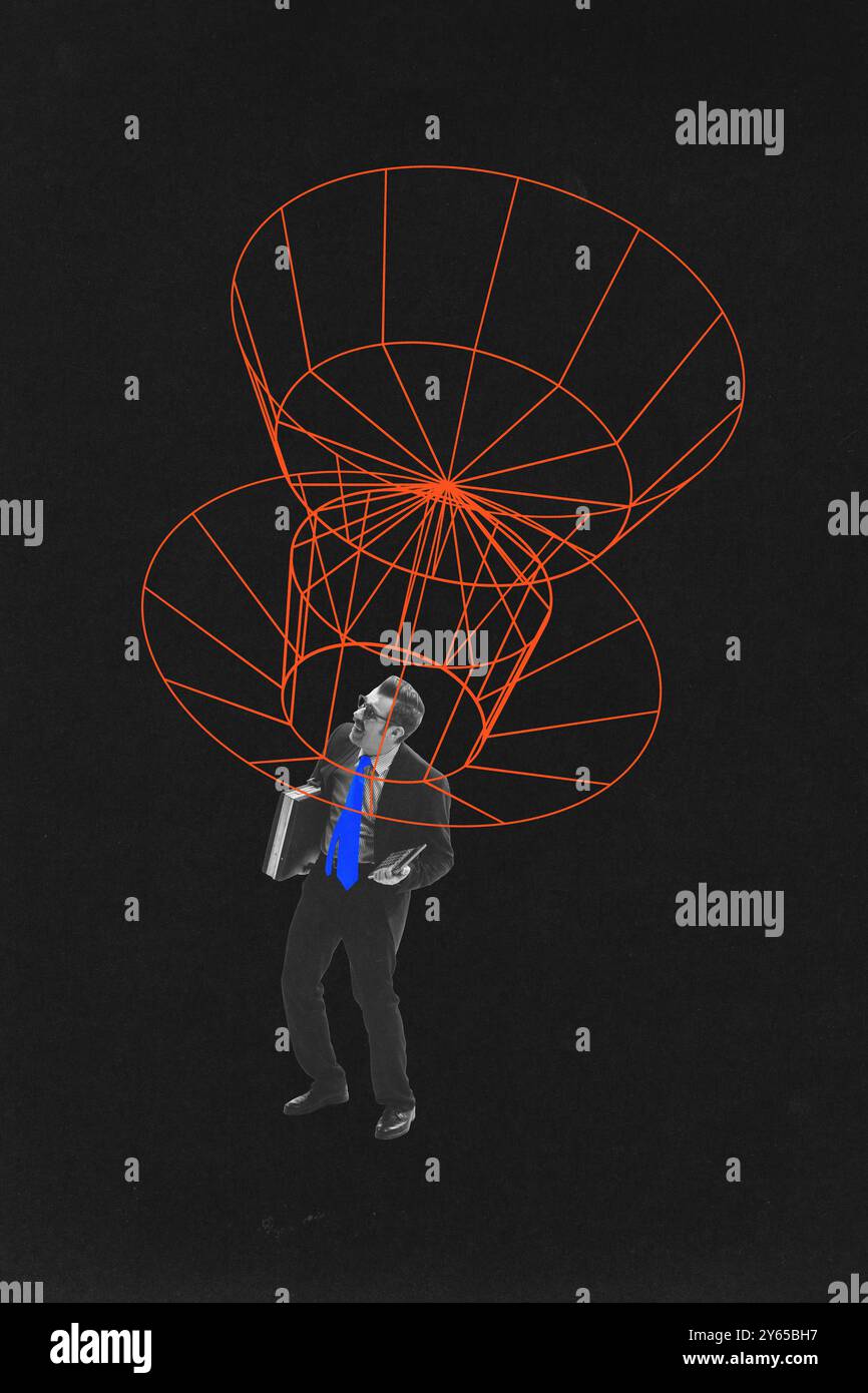 Man standing beneath funnel-like structure, representing flow of ...