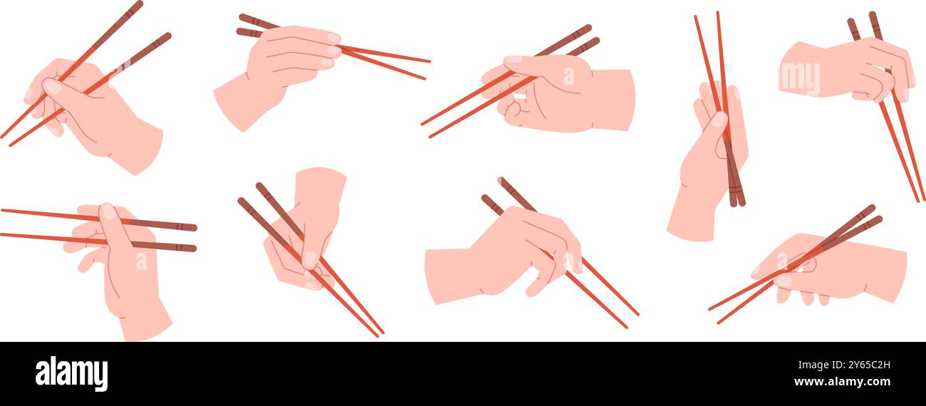 Hand hold chopsticks different positions. Asian style eating with ...