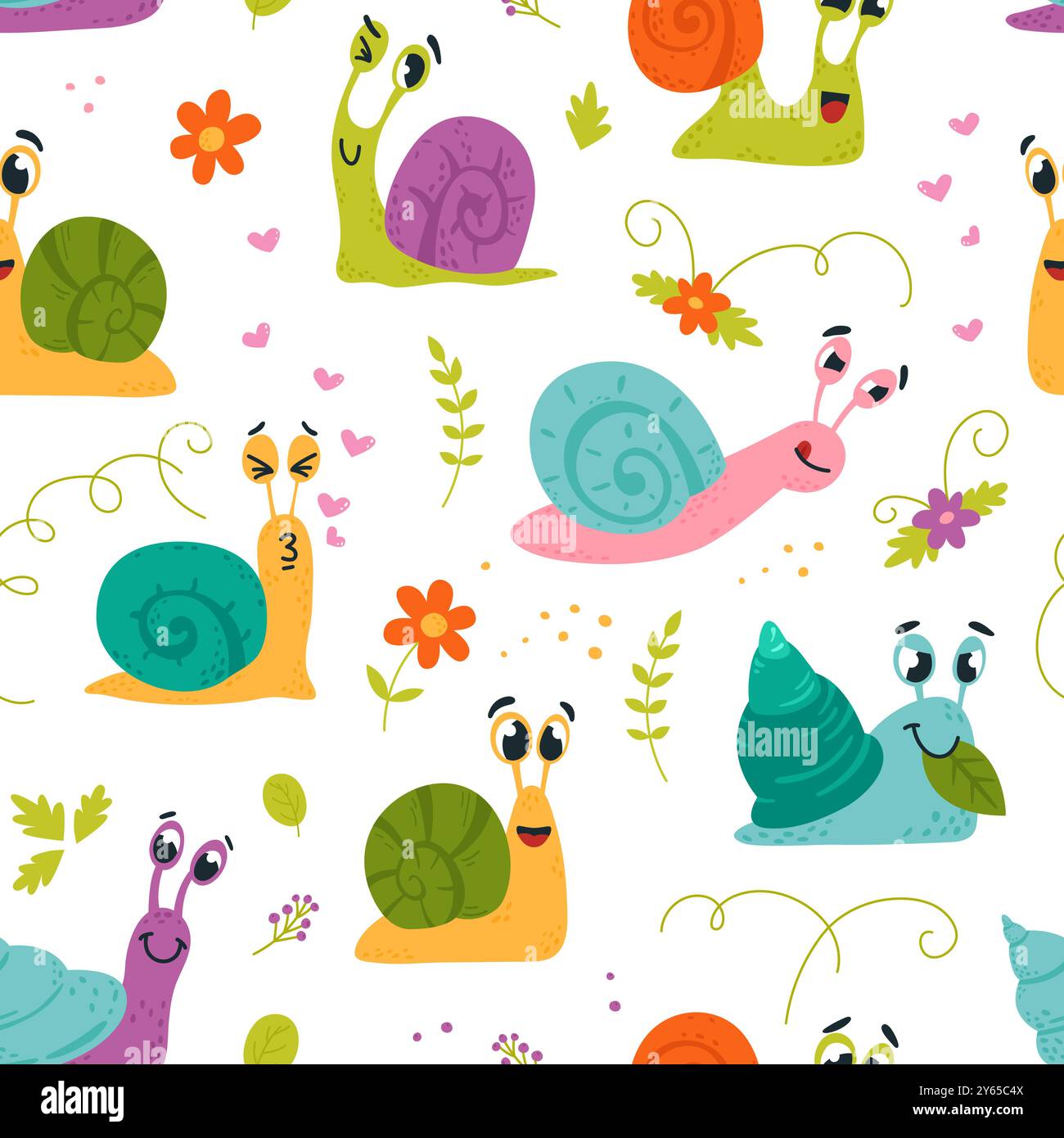 Snail seamless pattern. Forest garden snails fabric print, cute insects wrapping template design ...