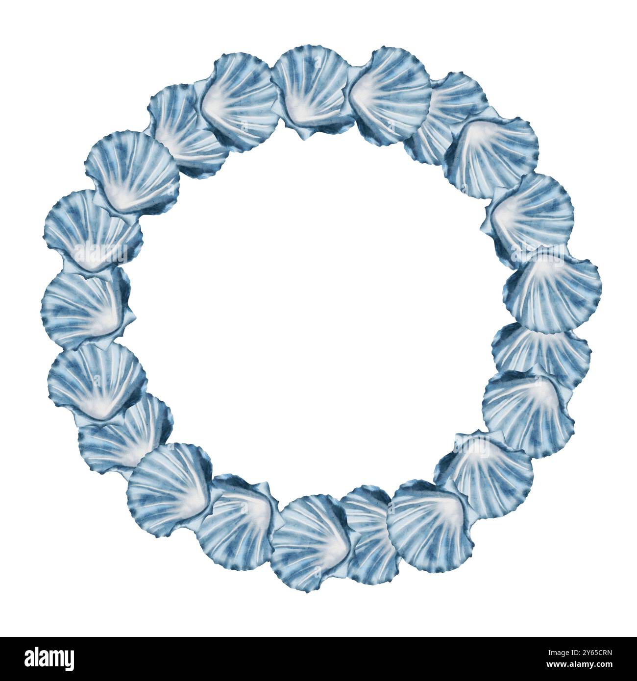 Seashells watercolor frame. Round border of blue shells on isolated ...