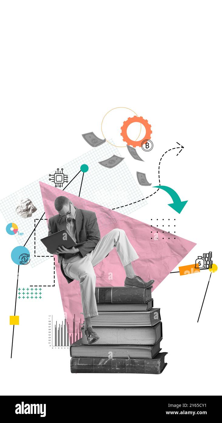 Man sitting on pile of books and analyzing data on laptop. Financial ...