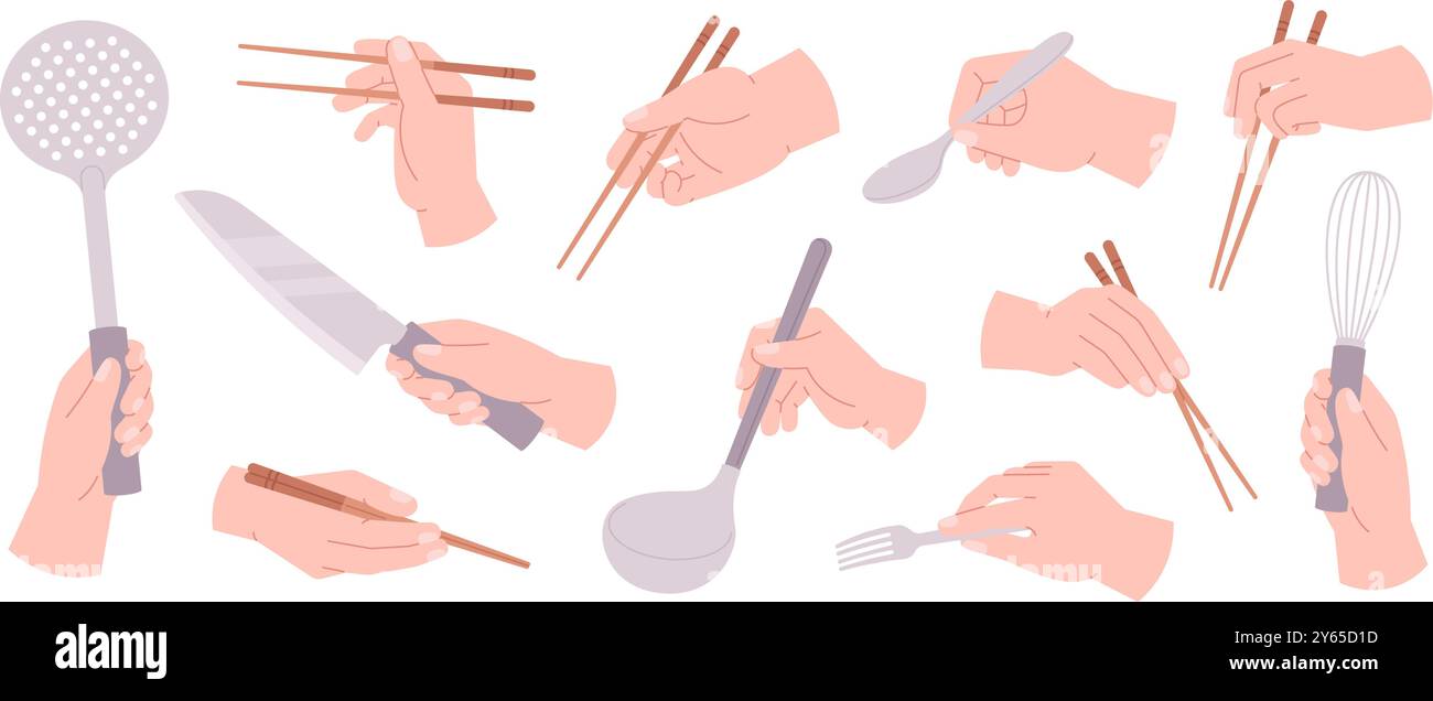 Hands holding utensils. Hand cooking and eating, hold kitchen tools ...