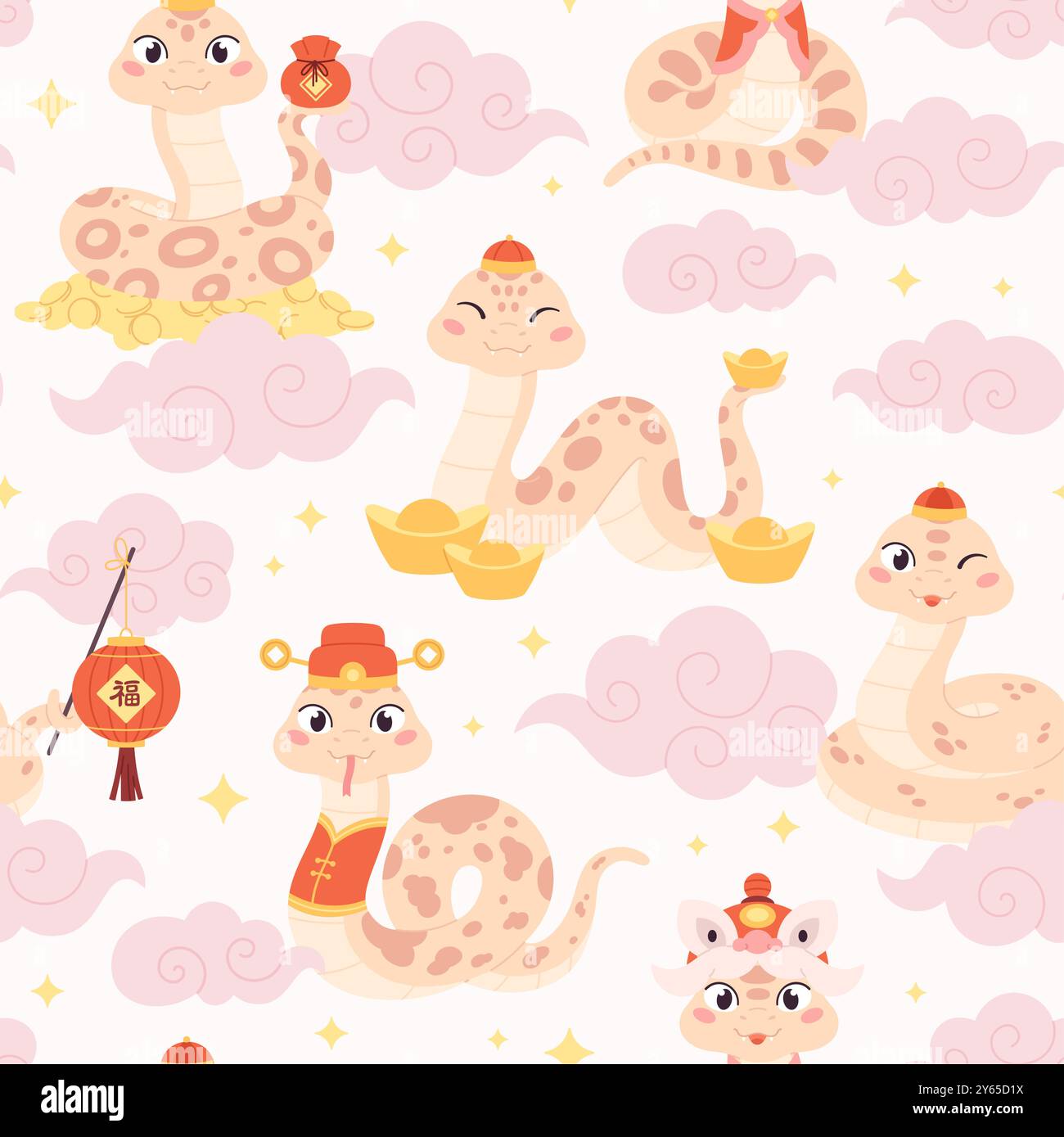 Snakes seamless pattern. Cartoon snake with chinese traditional symbols ...
