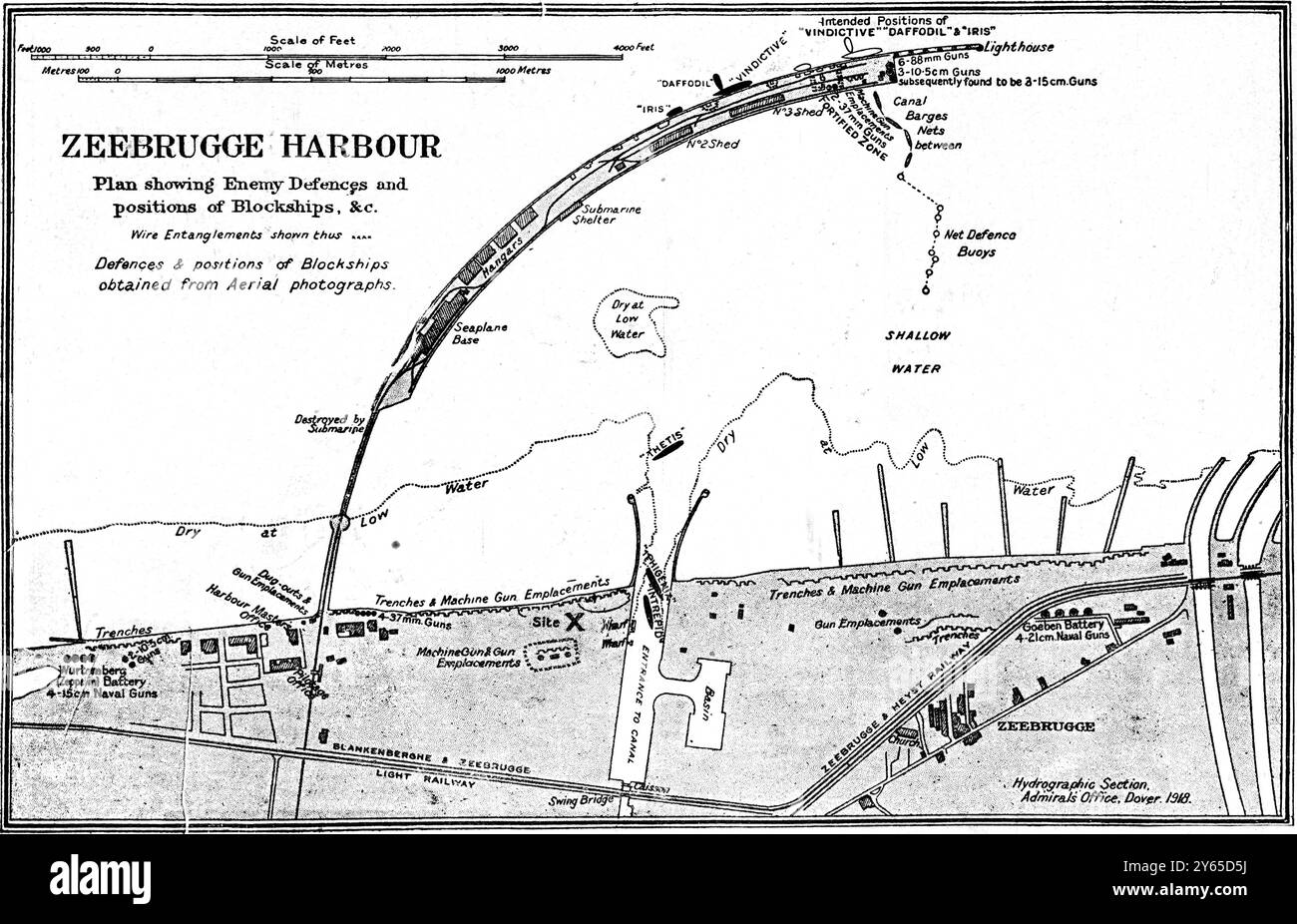 Map of Zeebrugge harbour showing enemy defences and positions of ...