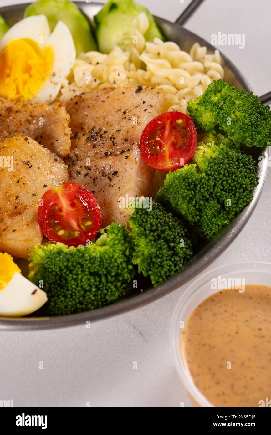 angle view dish of sole fish with eggs and fusilli and cauliflower at ...