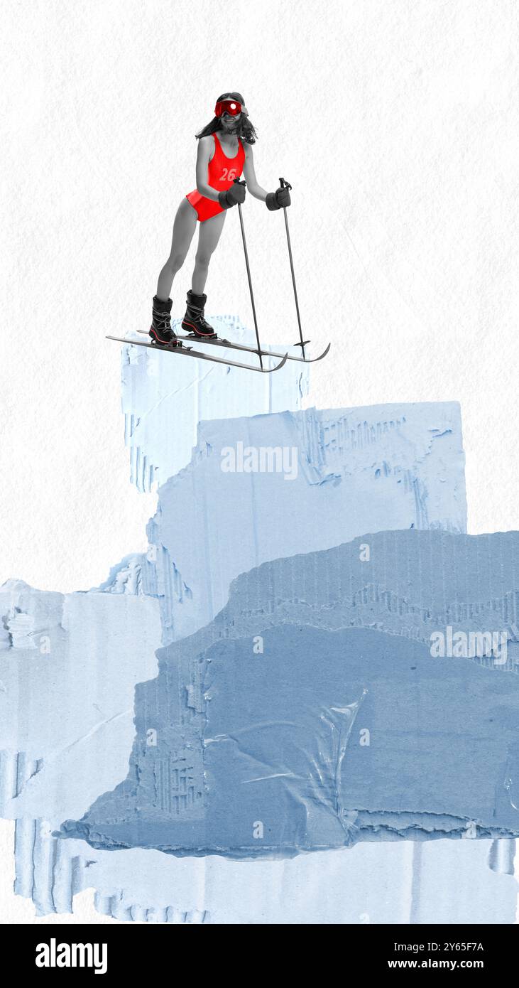 Contemporary art collage. Daring skier in red takes on steep slope ...