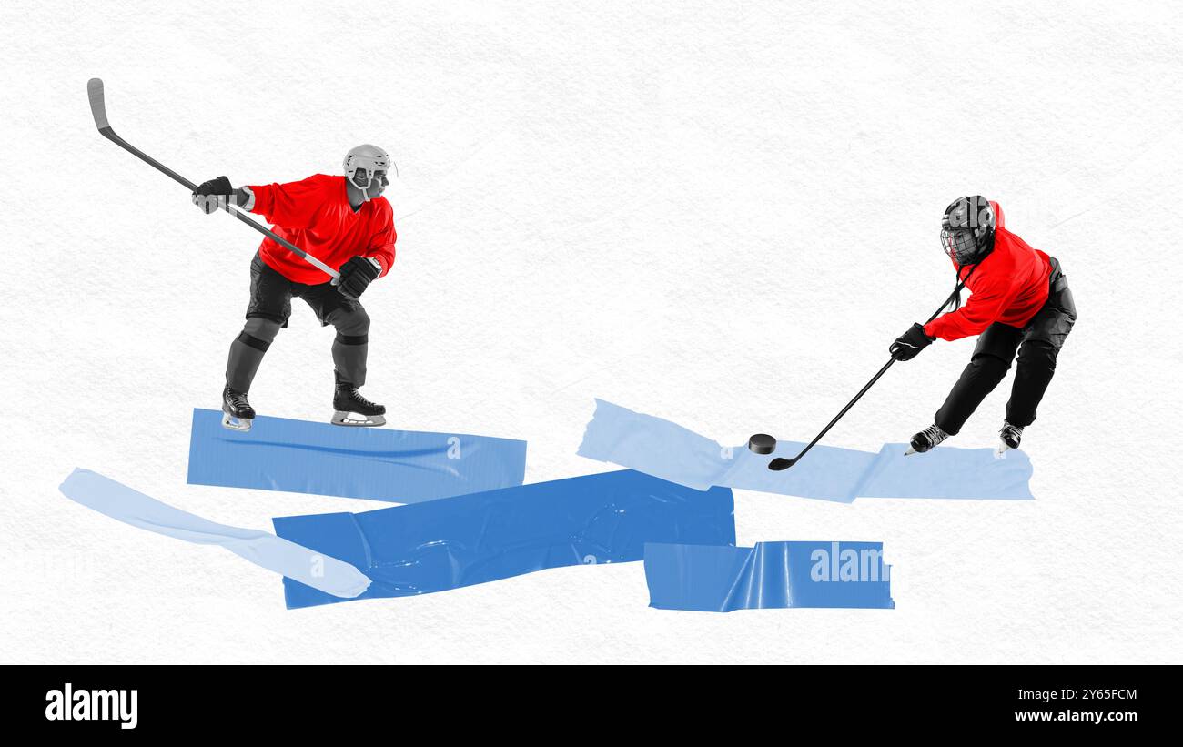 Contemporary art collage. Two hockey players in red uniforms battle for ...