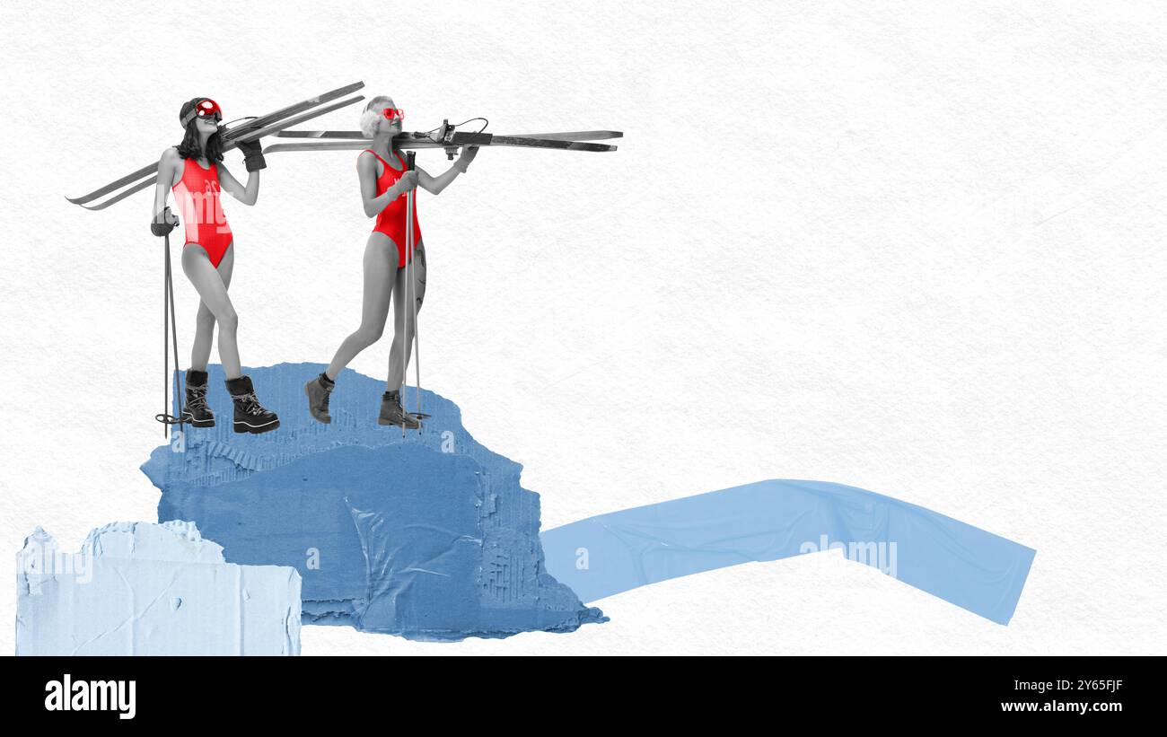 Contemporary art collage. Two skiers in red swimsuits confidently pose ...