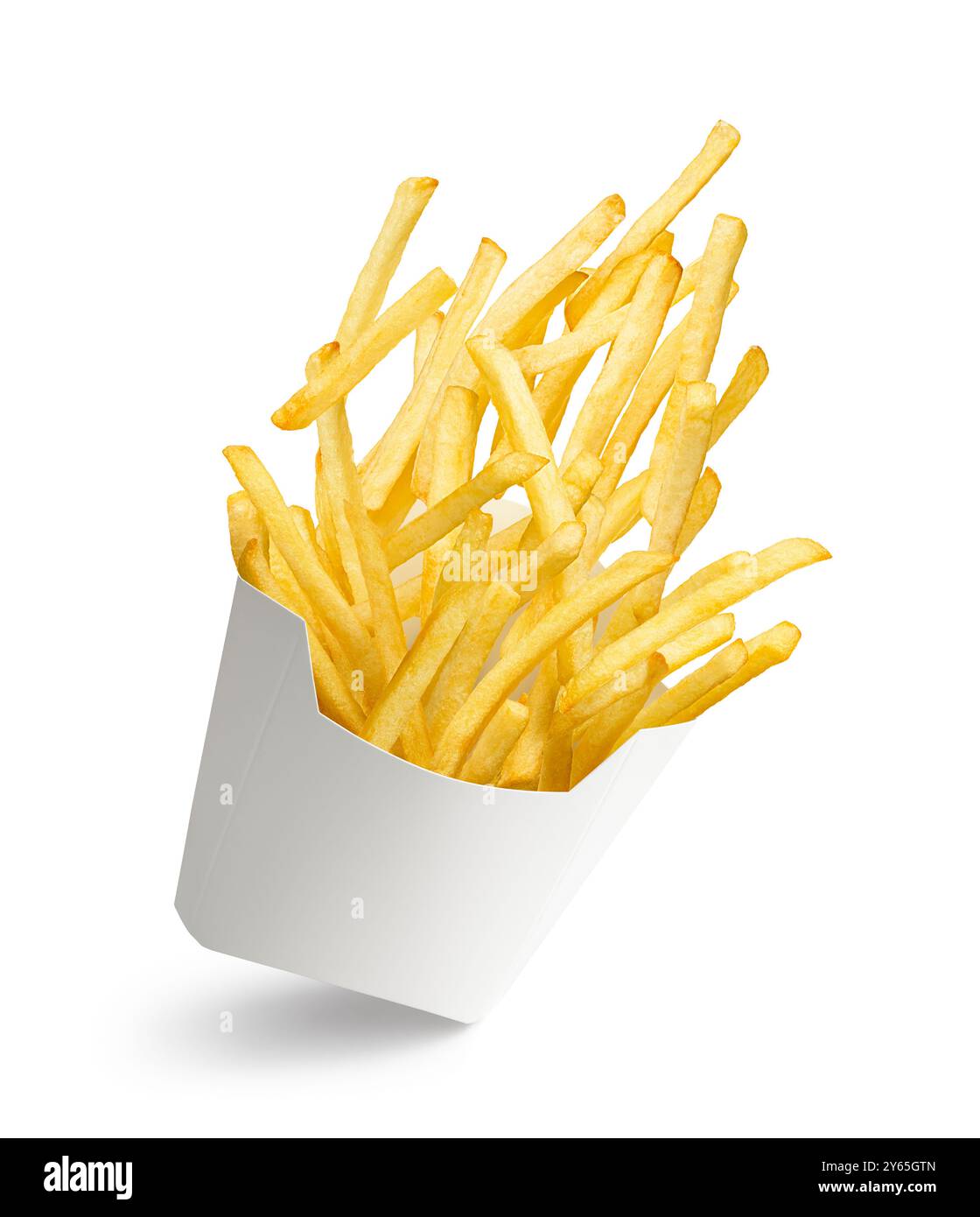 French fries bursting out from white paper box isolated on white Stock ...