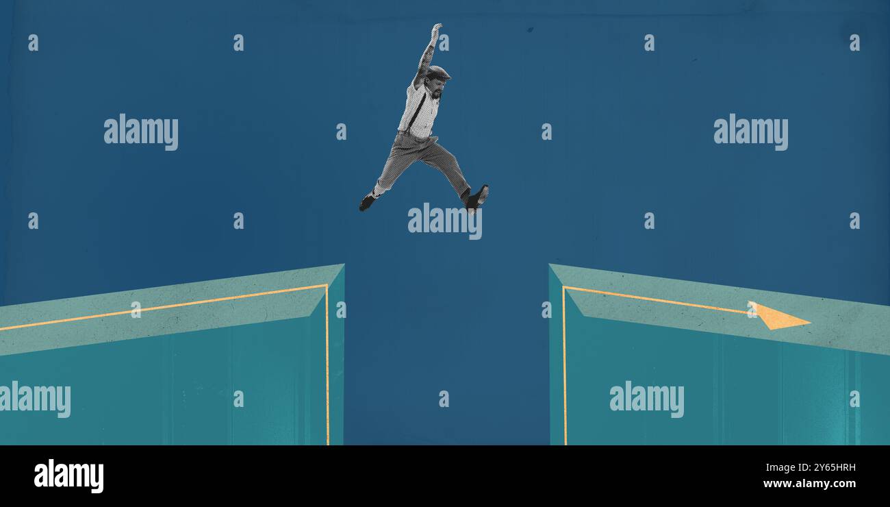 Man leaping across large gap between two platforms, representing risk ...