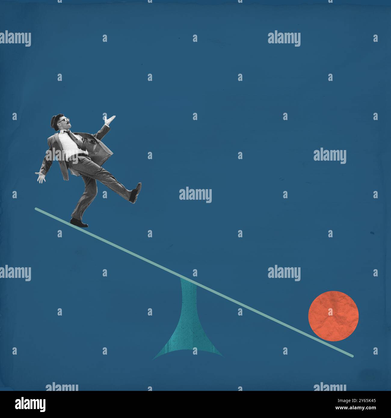 Man balancing precariously on seesaw with red circle, representing ...