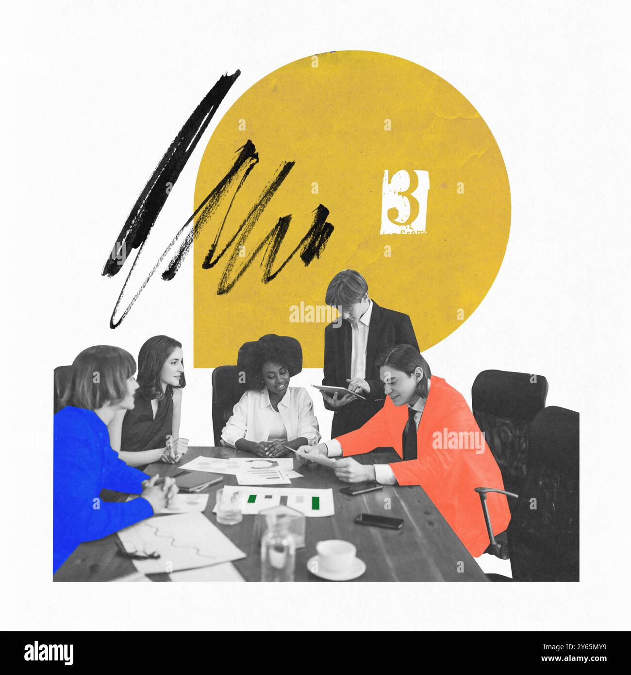 Contemporary art collage. Diverse business team collaborates around ...