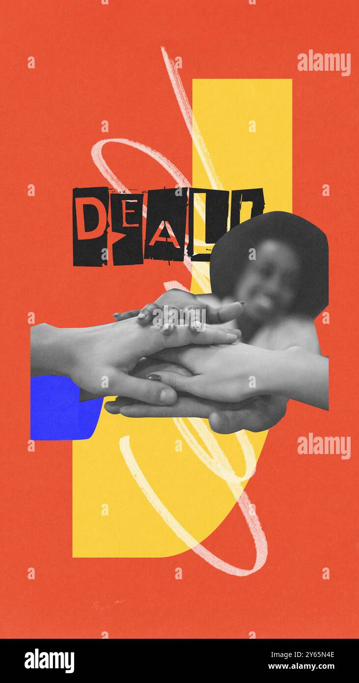 Contemporary art collage. Hands stacked together in gesture of unity ...