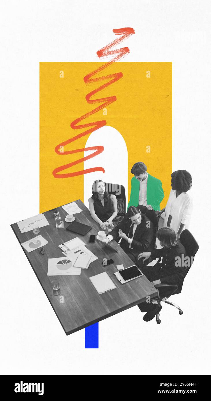 Contemporary art collage. Bird's-eye view of business meeting where ...