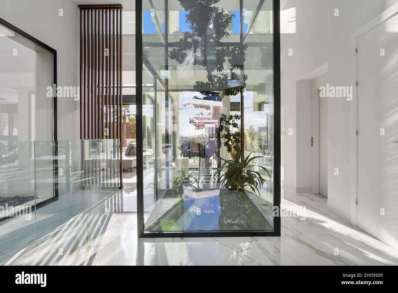 A modern and luxurious villa hallway, with elegant glass partitions ...