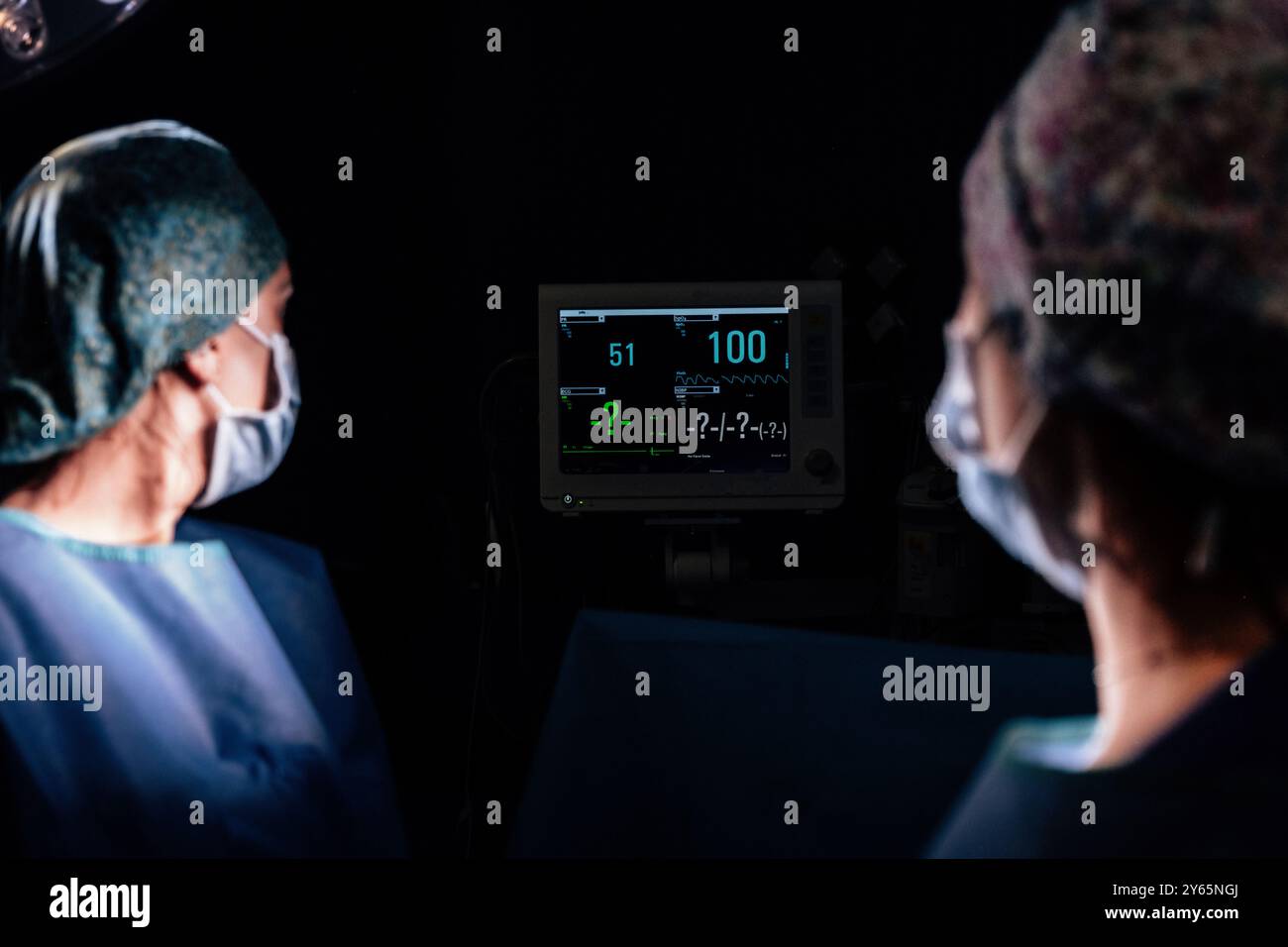 Two medical professionals focused on a monitor displaying critical ...