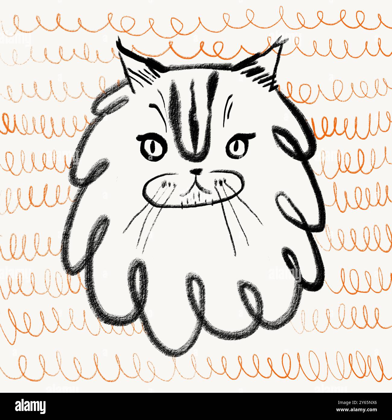 A delightful hand-drawn illustration of a whimsical cat with expressive ...