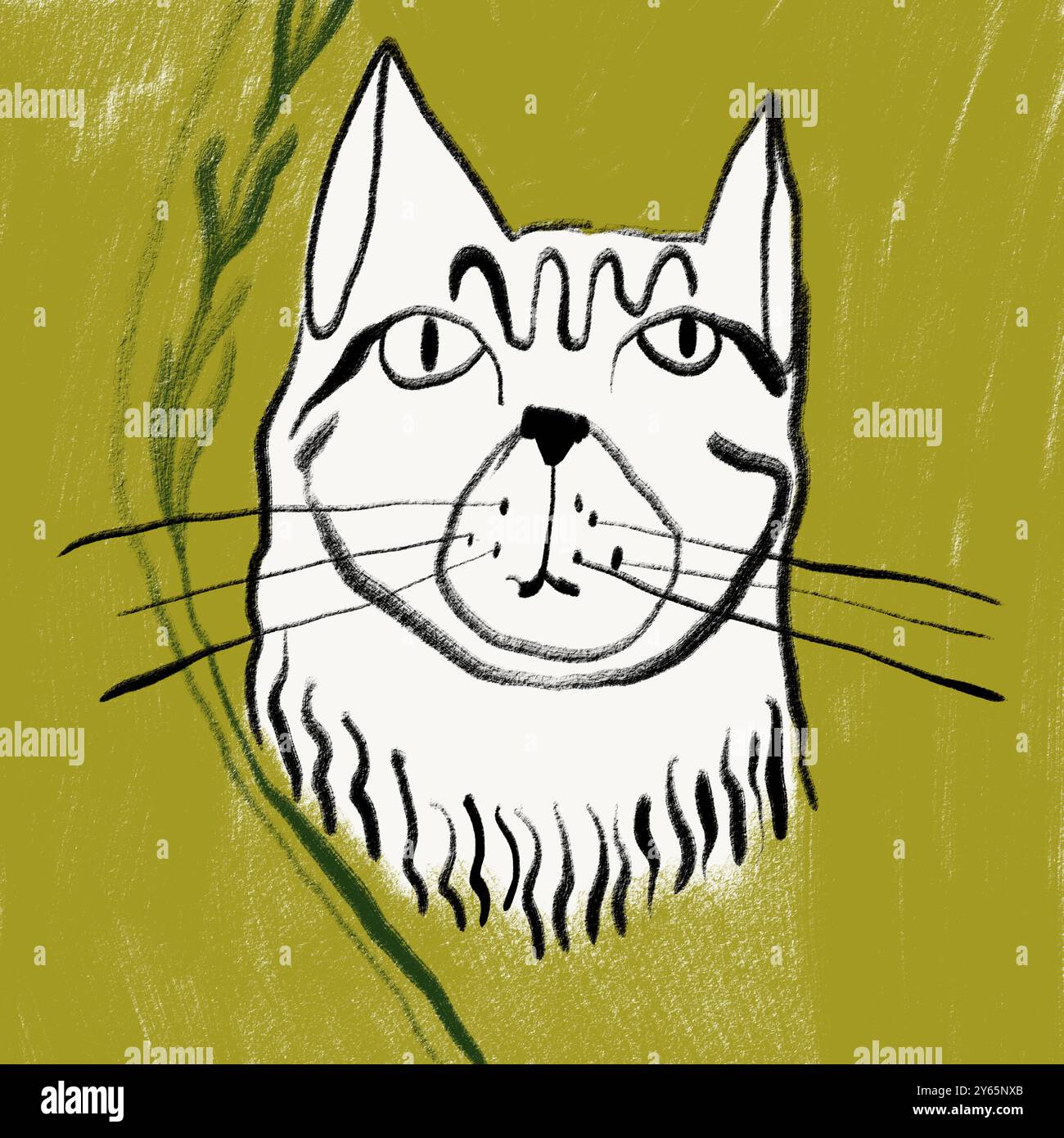 A hand-drawn, sketchy illustration of a cat with expressive eyes on a ...