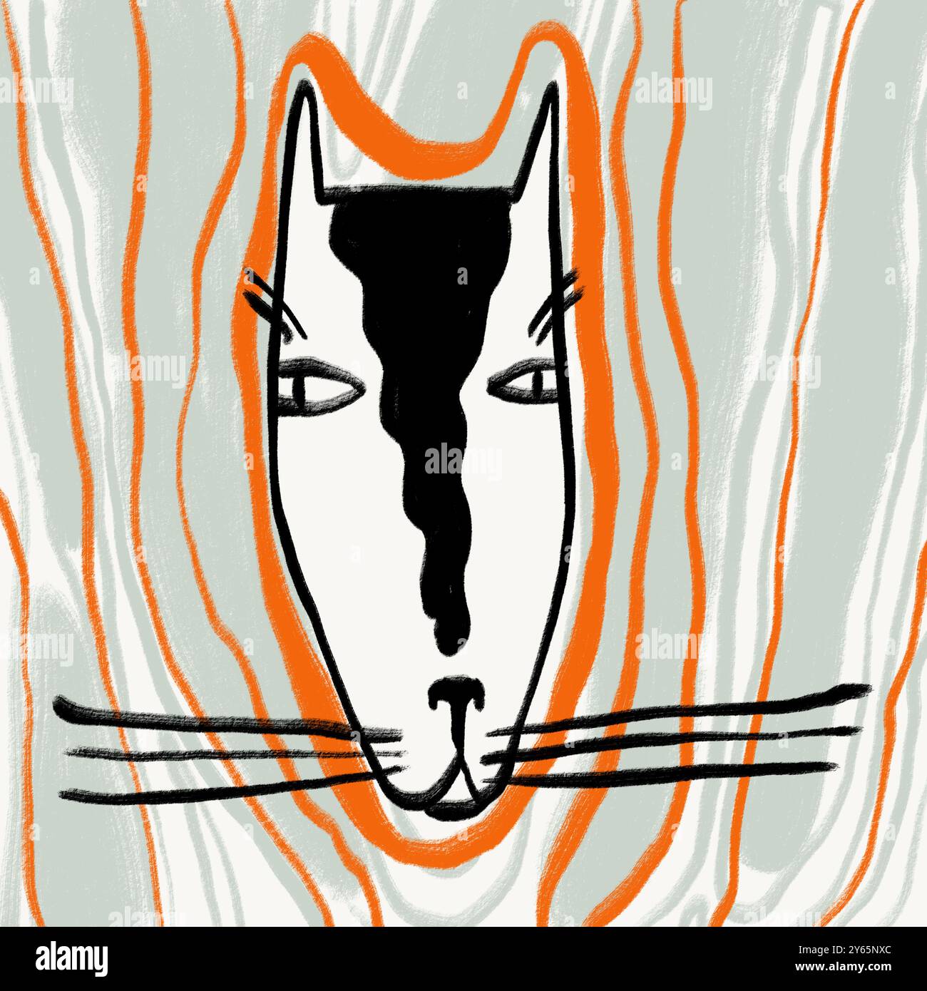 A vibrant and abstract sketch-style illustration of a cat, featuring ...