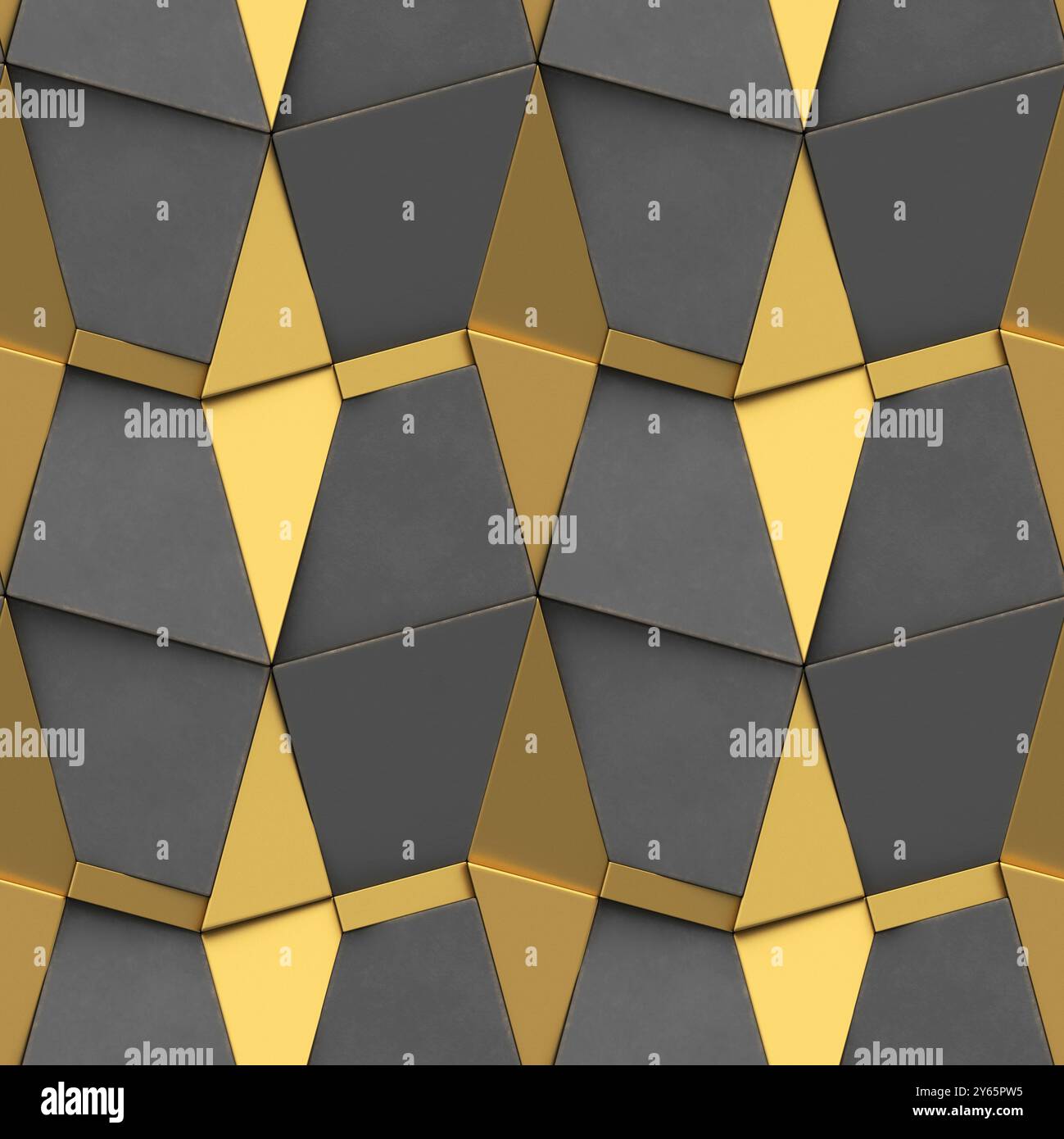 This illustration features a seamless 3D geometric pattern composed of interlocking gold ...