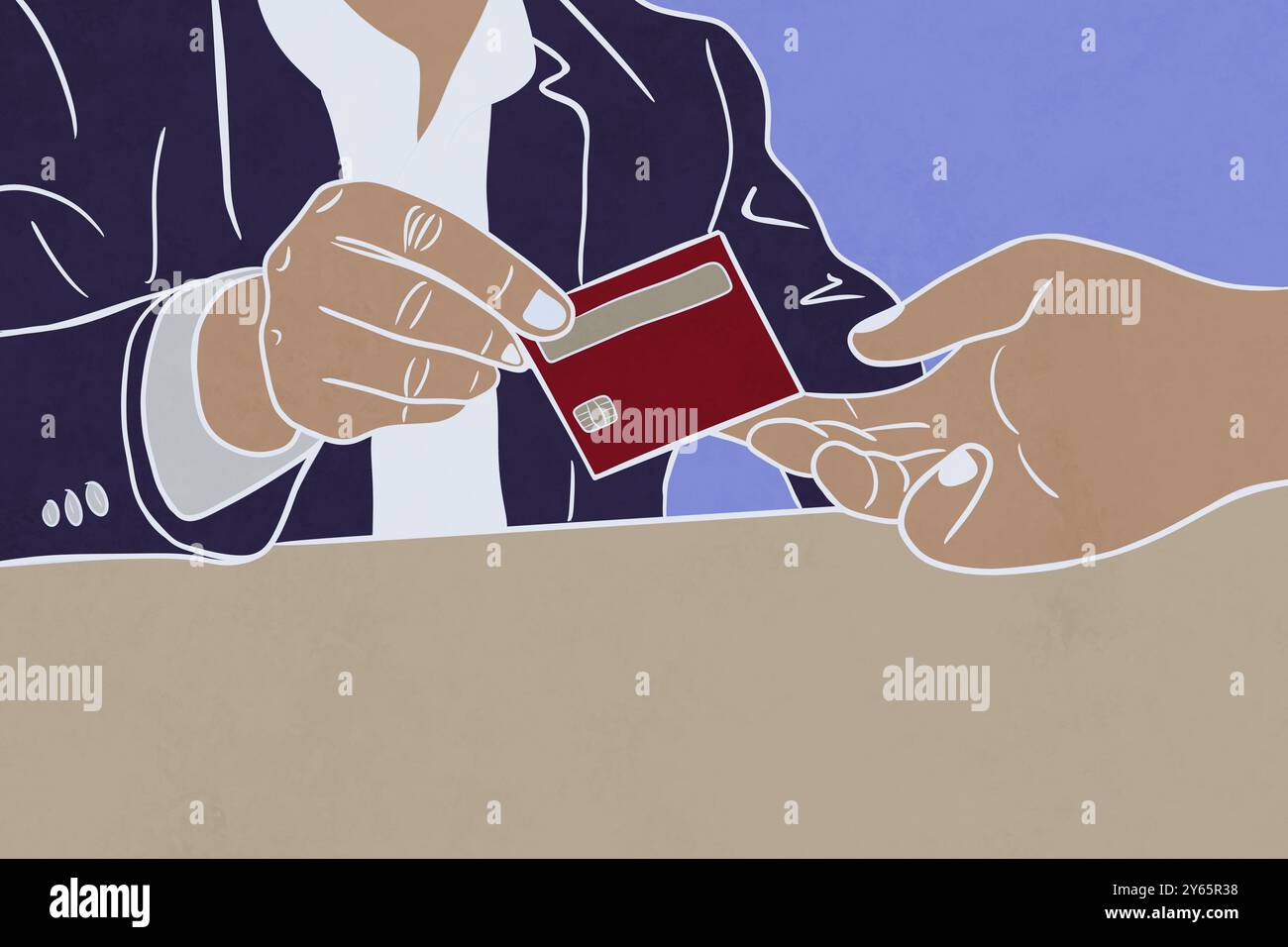 Illustration featuring a hand giving a red credit card to another hand across a desk in a clear ...