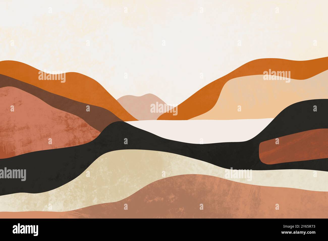 Abstract minimalist landscape illustration in warm earth tones with flowing shapes and lines ...