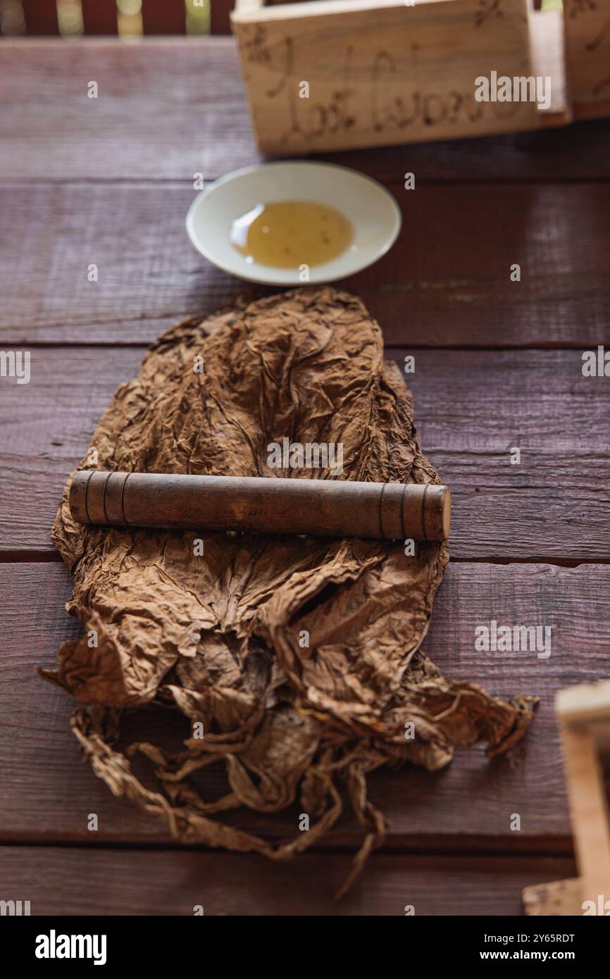 A close-up view of a hand-rolled cigar in Vinales, Cuba, highlighting ...