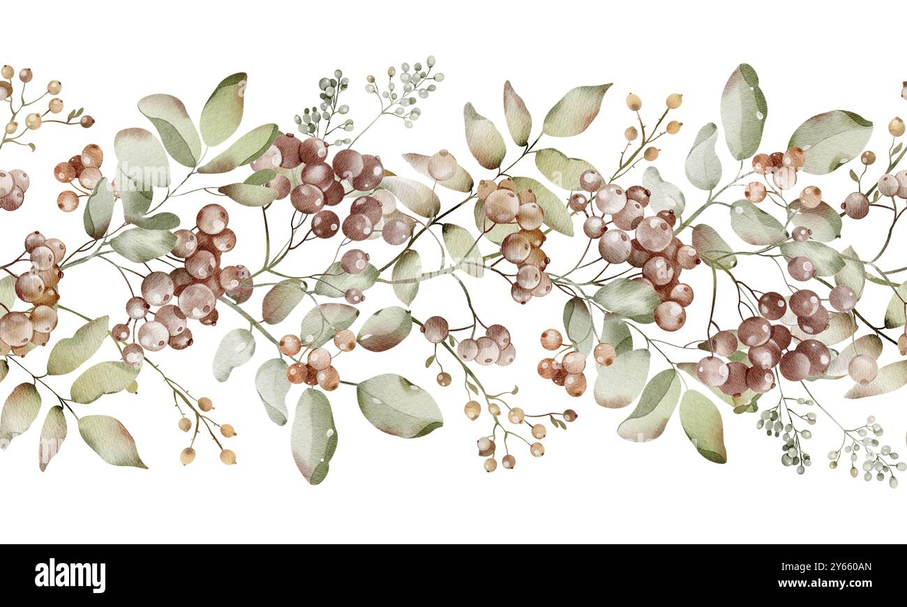 Fall Watercolor Seamless Border with Rowan and Autumn Berry ...