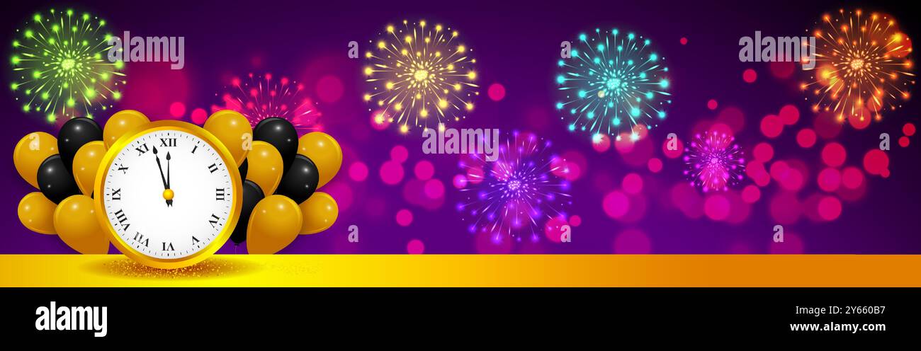 Vector illustration of golden clock and bunch of balloons in front of ...