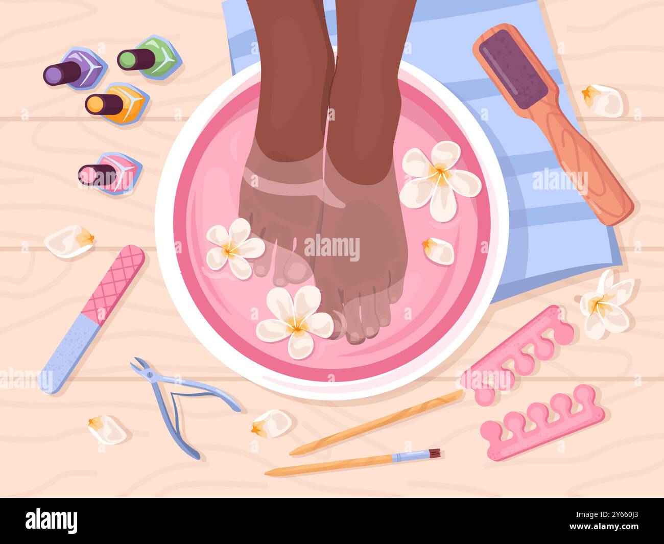 Pedicure bath. Feminine feet spa bowl with petals top view, nail care ...