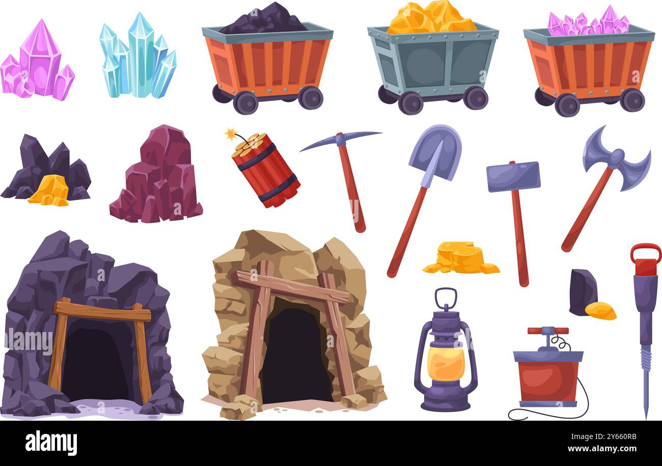 Cartoon mining tools. Miners diggers drilling equipment, detonator ...