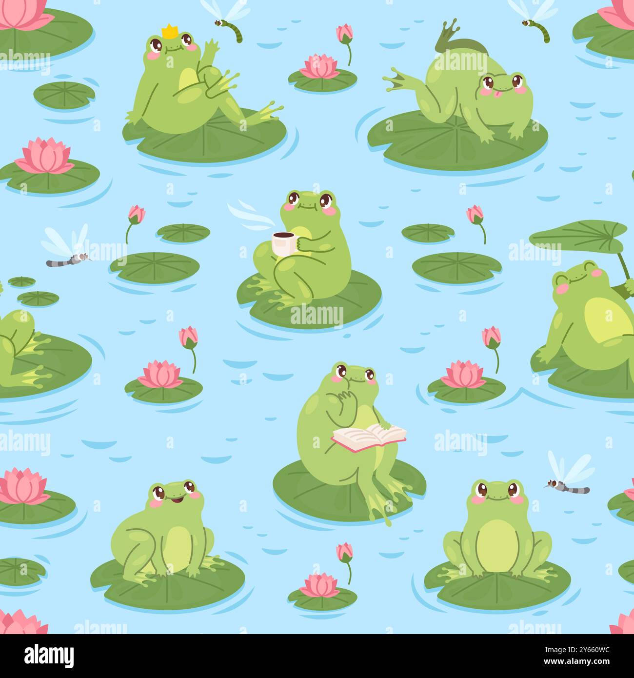 Cartoon frog pattern. Cute funny frogs seamless wallpaper, toad in ...