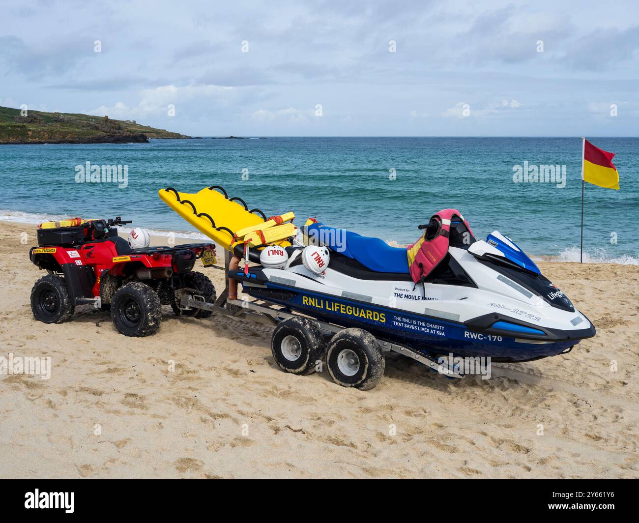 RNLI Jet Sky, RNLI Swimming Safety Flag, Porthmeor Beach, St Ives ...