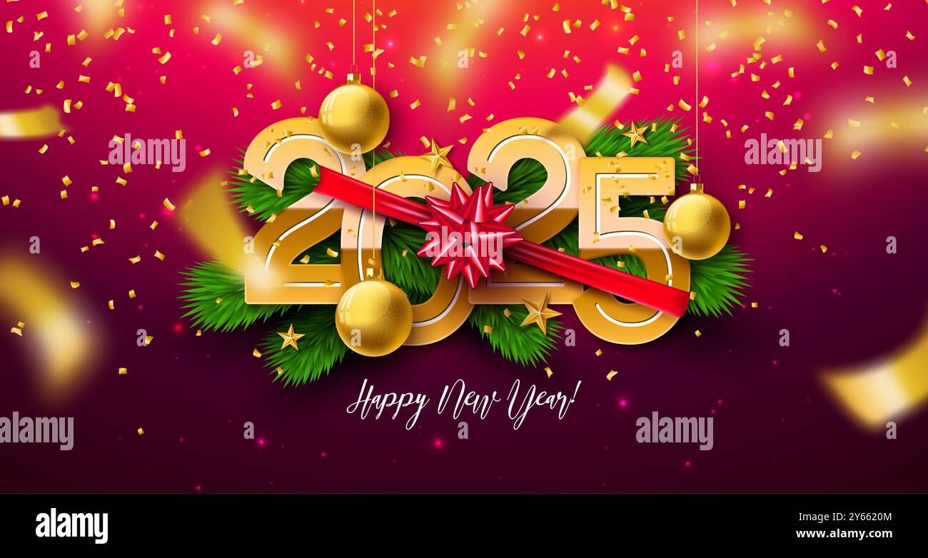 2025 Happy New Year Illustration with Golden Number, Christmas Ornament ...