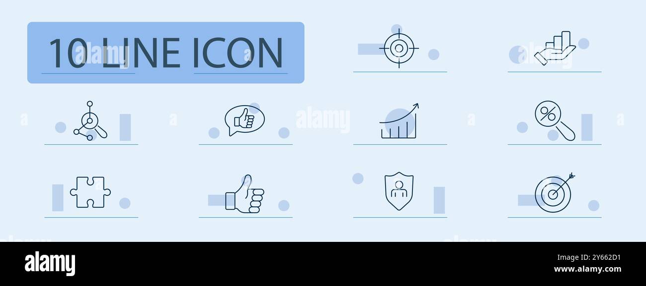 Business strategy set icon. Target, graph, growth, puzzle, analysis ...