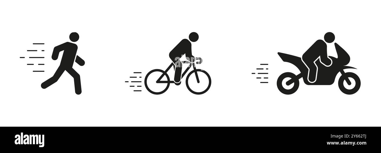 Running, Cycling, and Motorcycling Silhouette Icons Set, Speed and ...