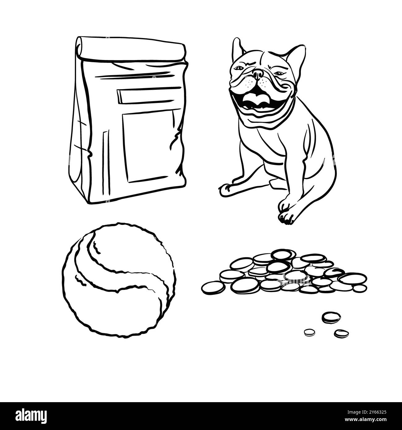 Set with French bulldog, food package, ball and scattered food. Sketch ...