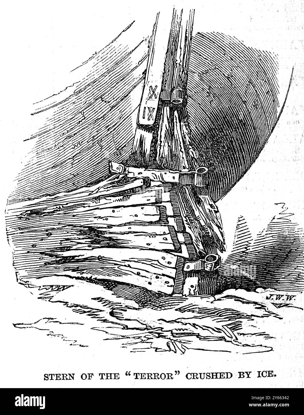 Illustration of the stern of HMS Terror after being crushed by ice ...
