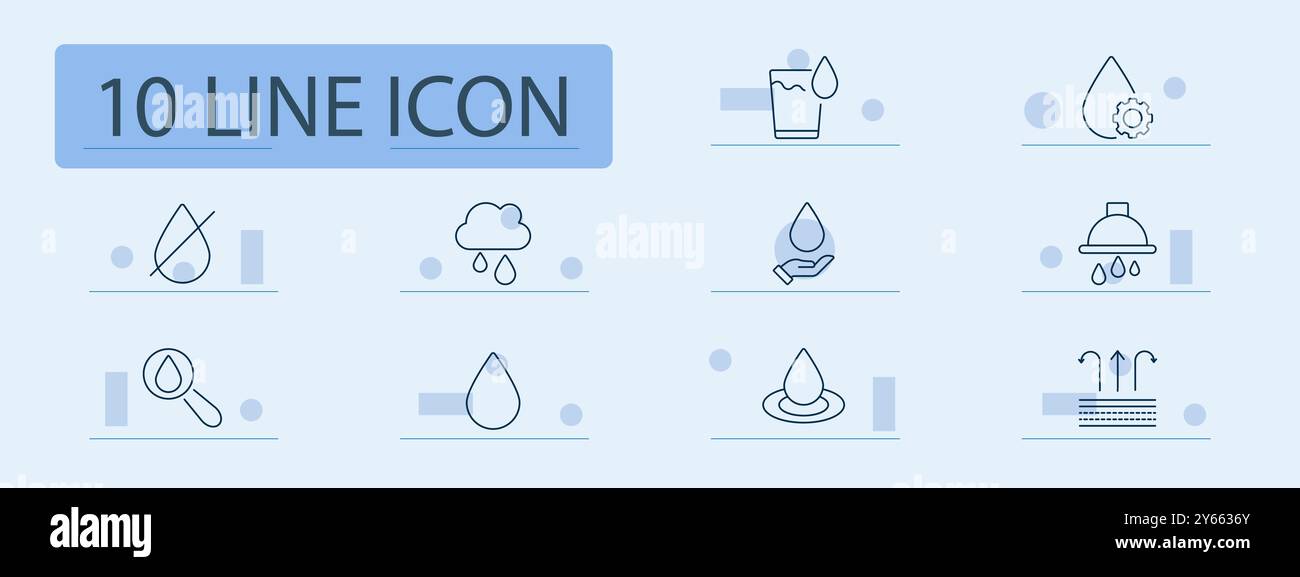 Water conservation set icon. Drop, rain, water, search, glass, settings ...