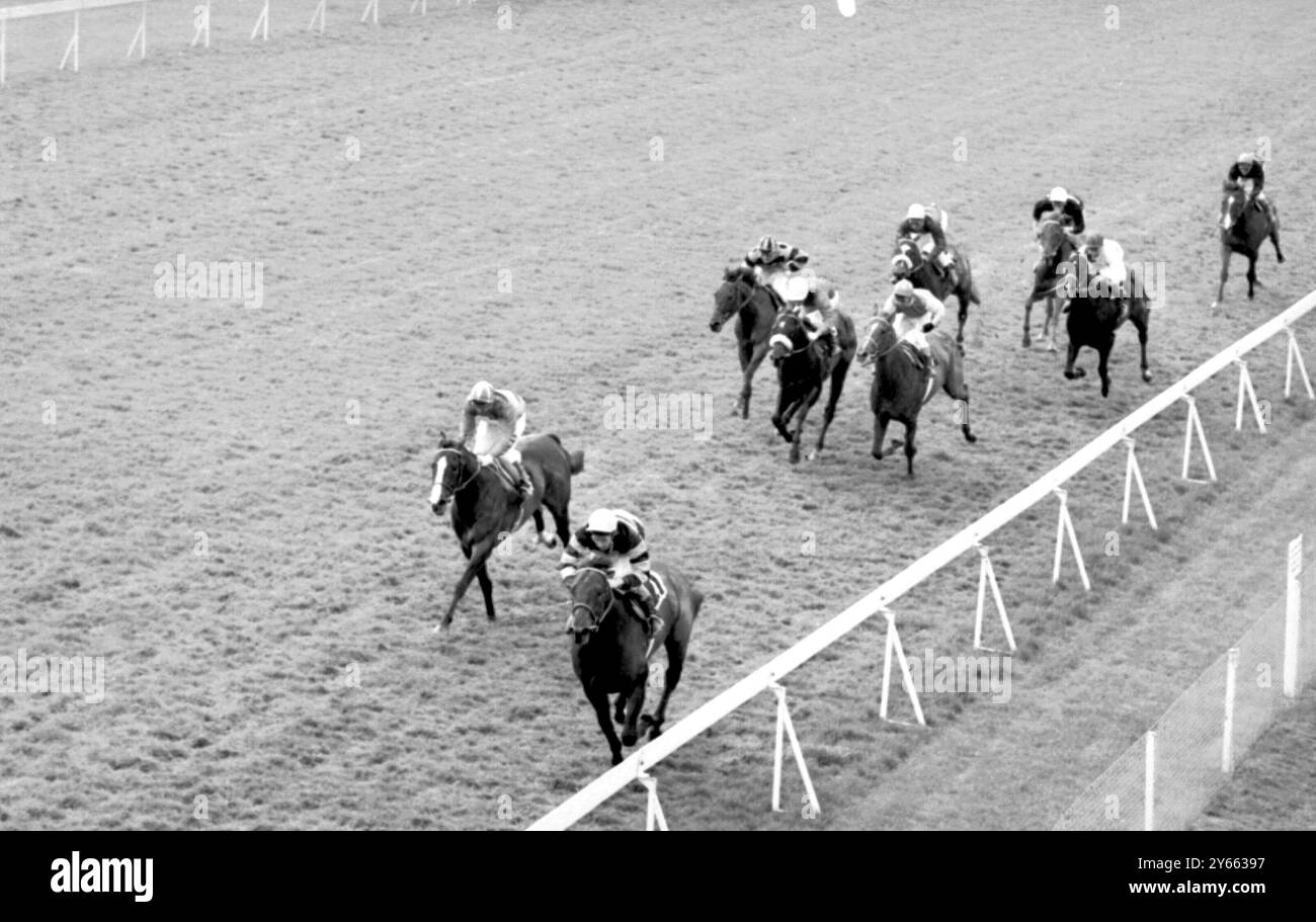Jockey Lester Piggott, riding Sir Ivor, come through on the rails to ...