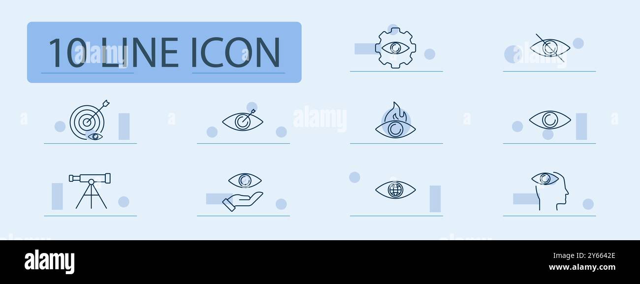 Vision and focus set icon. Eye, target, goal, sight, vision, analysis ...