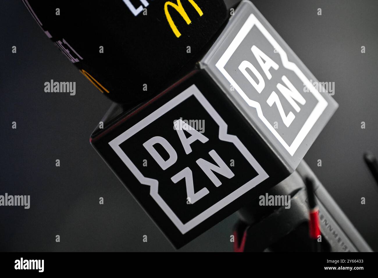 Illustration of the microphone with the official DAZN logo during the ...