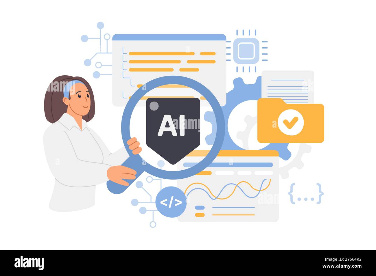 Artificial intelligence and neural networks control, search and coding check with AI. Tiny woman ...