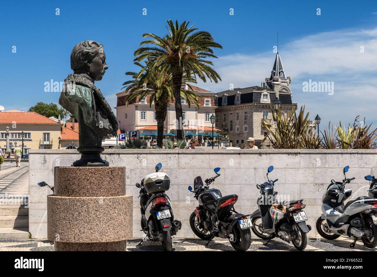 Bust of King Dom Pedro I on Dom Luis I promenade in the city of Cascaes ...