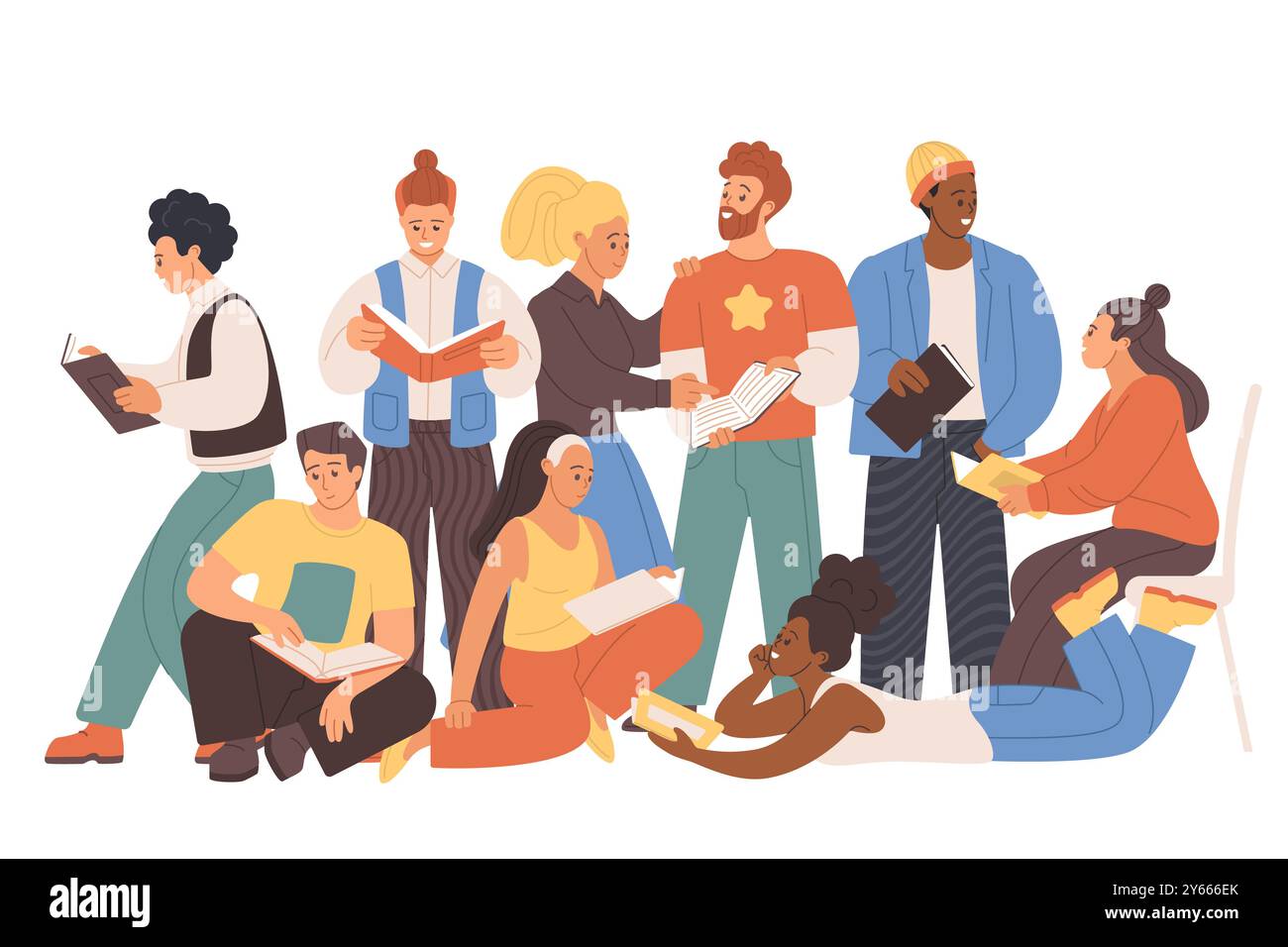 Young people group reading books together, modern readers club ...