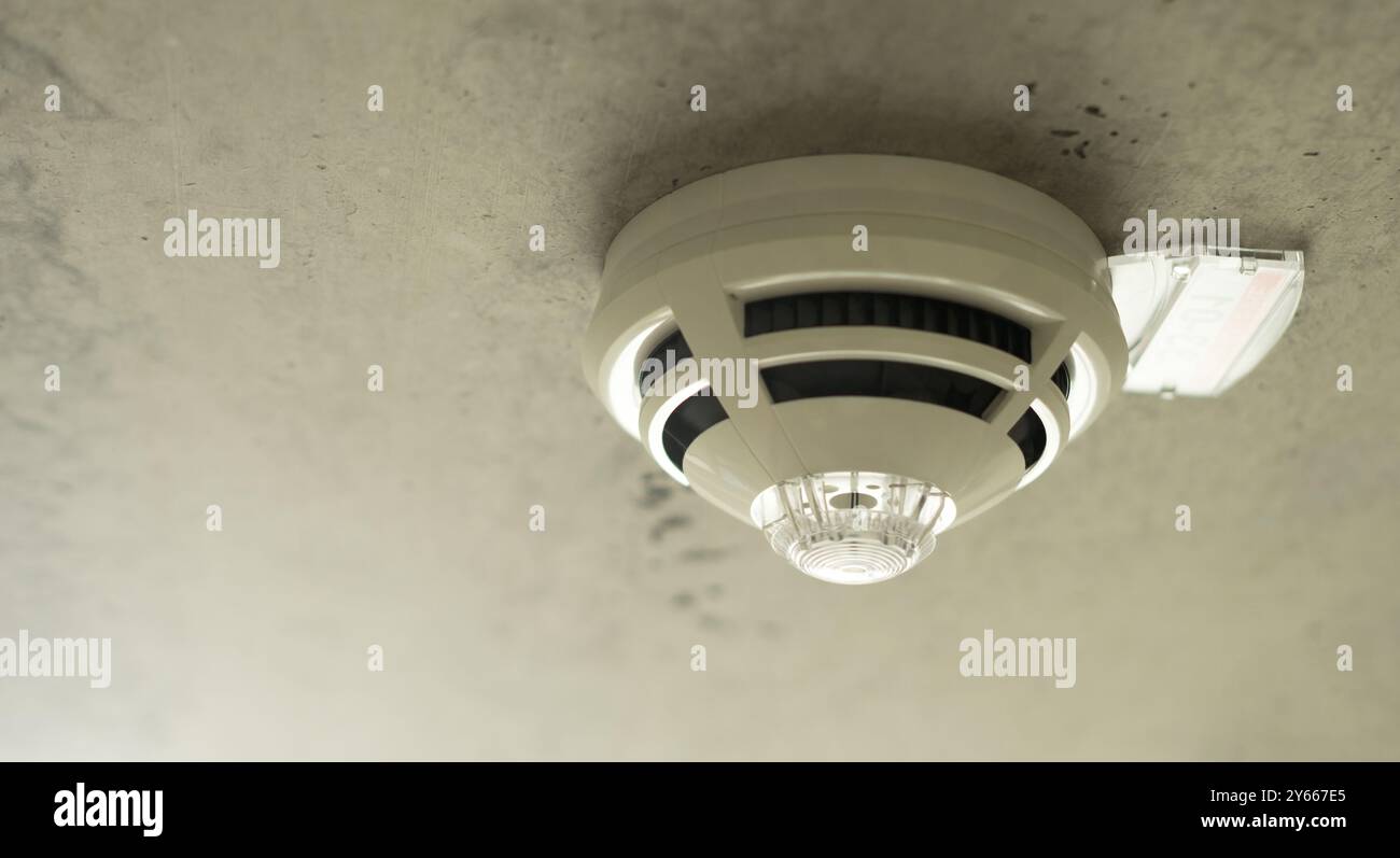 Fire alarm detector on the ceiling. Smoke sensor with copy space ...