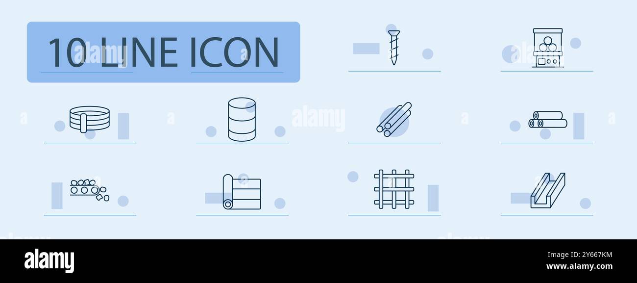 Materials and resources set icon. Coil of wire, oil barrel, lumber ...